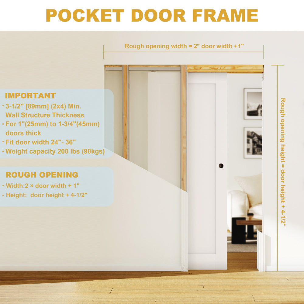 2 lite Panel Pocket Door with Hardware Kit & Soft Close & Frame, Solid ...