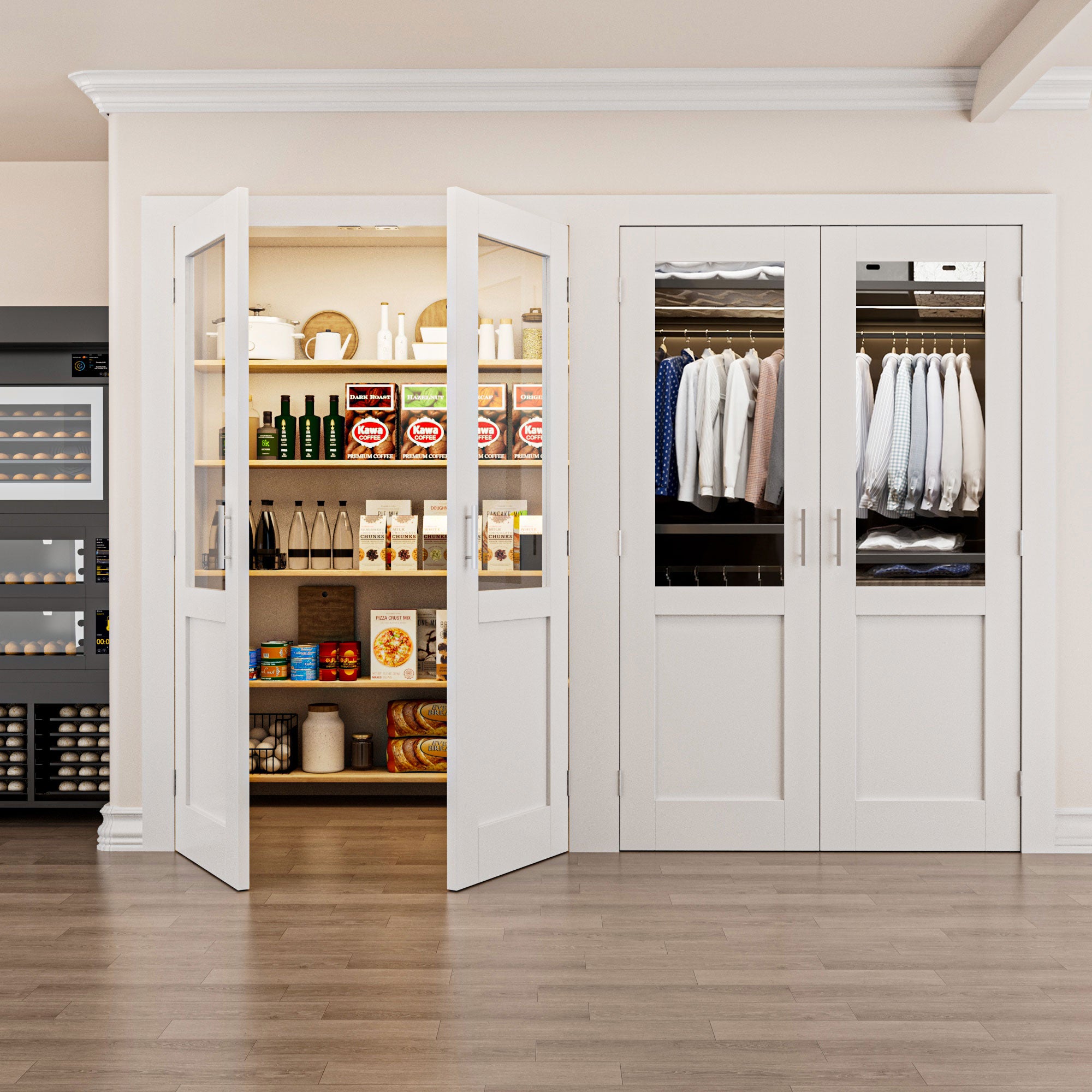 [Silver Ball Catch Double Doors without Jamb] Half Lite Clear Glass Wh