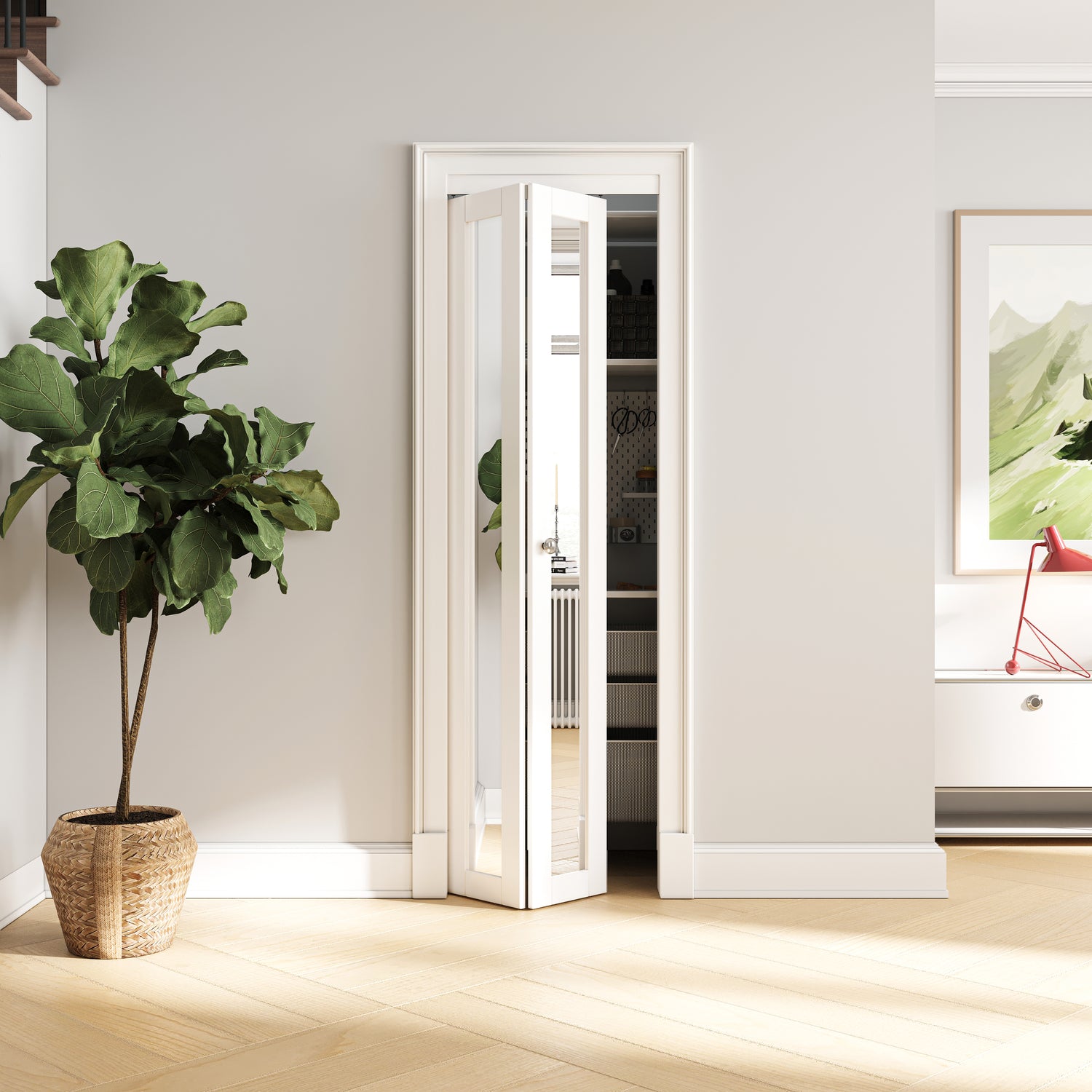 1-Lite Mirror Bifold Door with Hardware Kit, Solid Wood, White | Ark Design