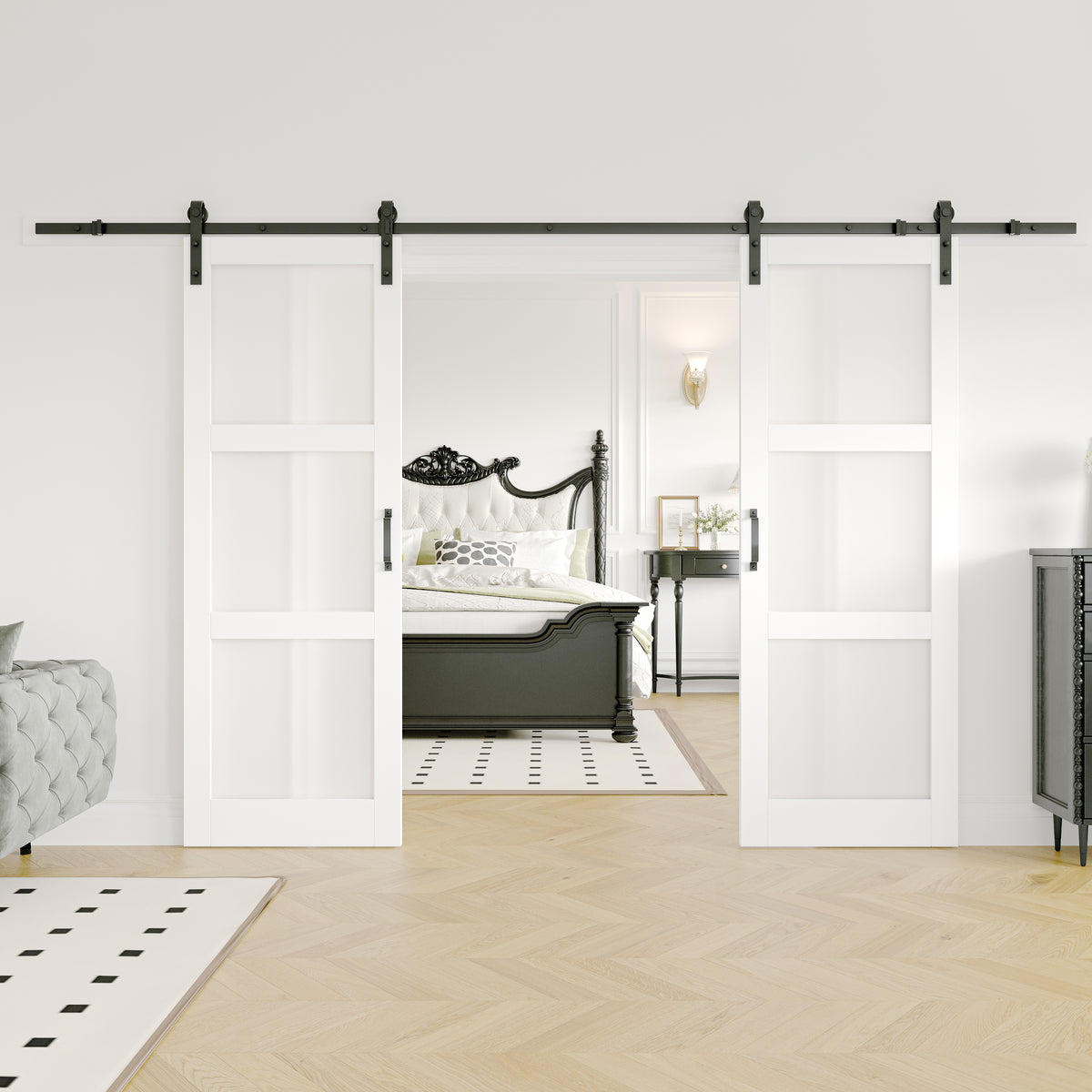 Ark Design Double Sliding Barn Door, 3-Lite Tempered Frosted Glass, So