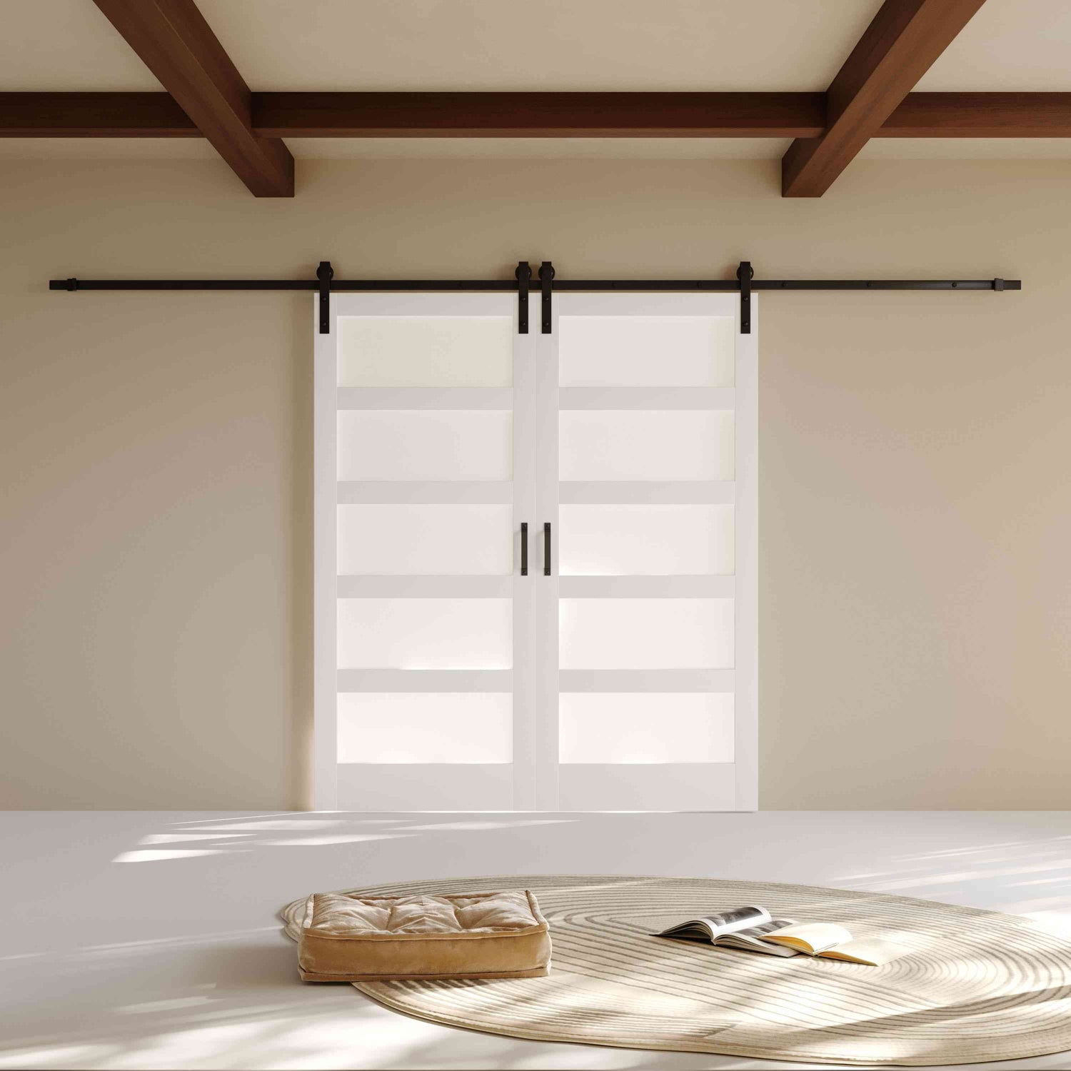 Ark Design Double Sliding Barn Door, 5-Lite Tempered Frosted Glass, So