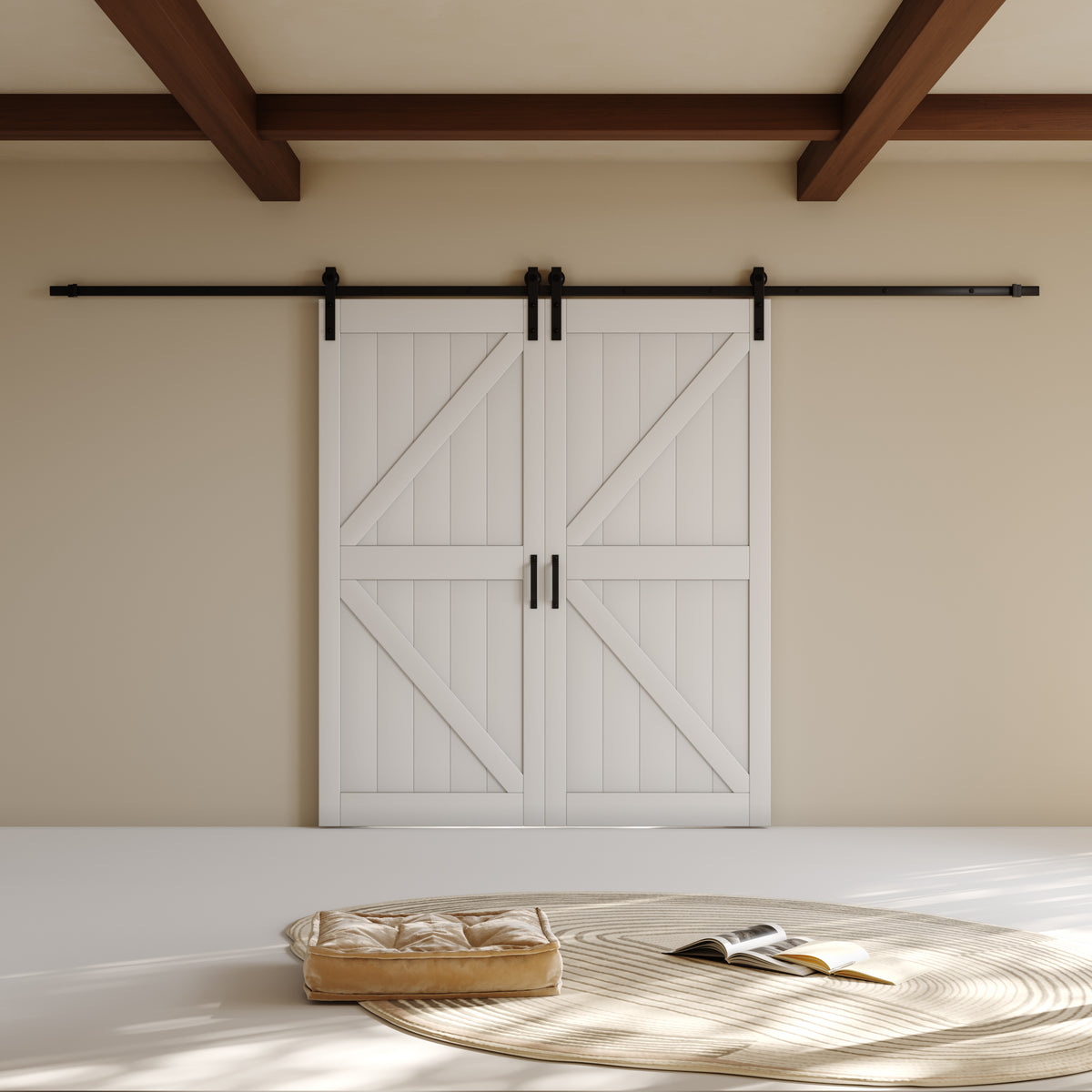 Double Sliding Barn Door, K design, Solid Core MDF Wood & Primed Finis