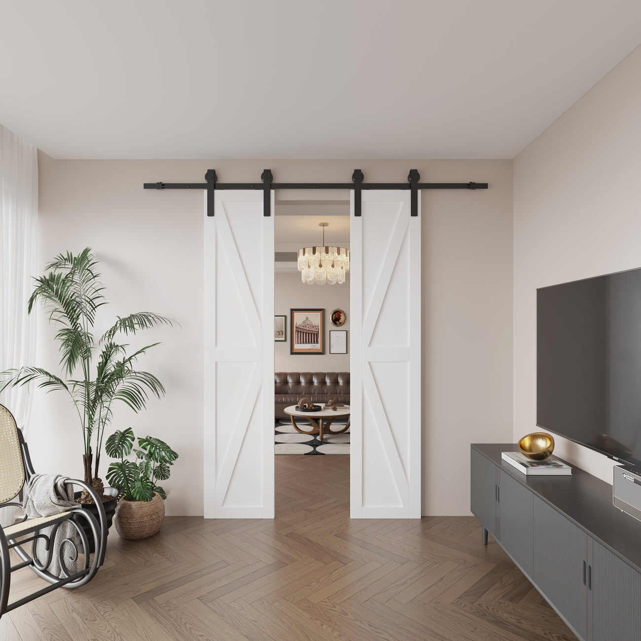 Double Sliding Barn Door, K design Panel, Solid Core MDF Wood & PVC Co