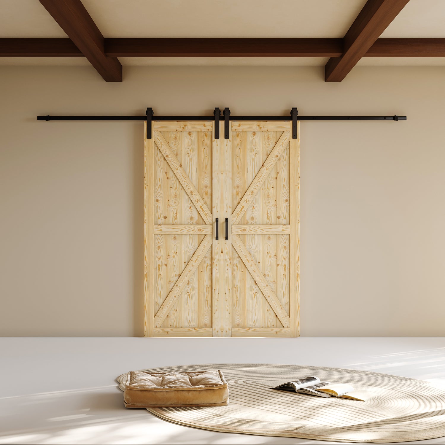 Ark Design Double Sliding Barn Door, Solid Pine Wood, K design, Unfini