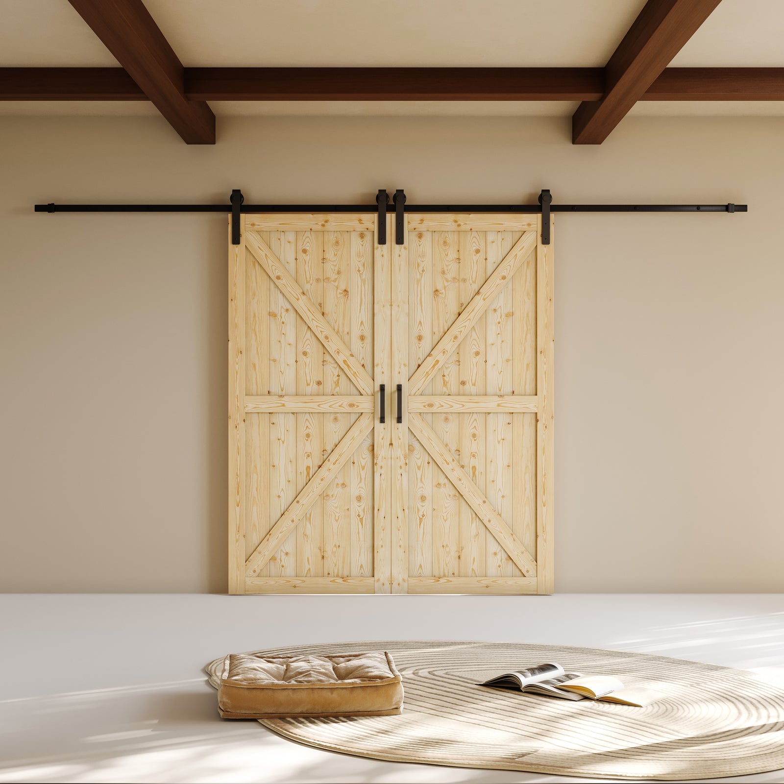 Ark Design Double Sliding Barn Door, Solid Pine Wood, K design, Unfini