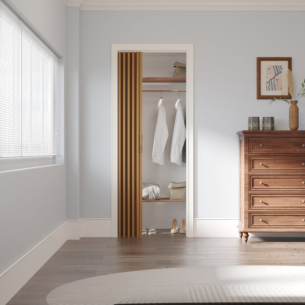 Dual Layer Accordion Door with Handles & Magnetic Lock, Oak Vinyl