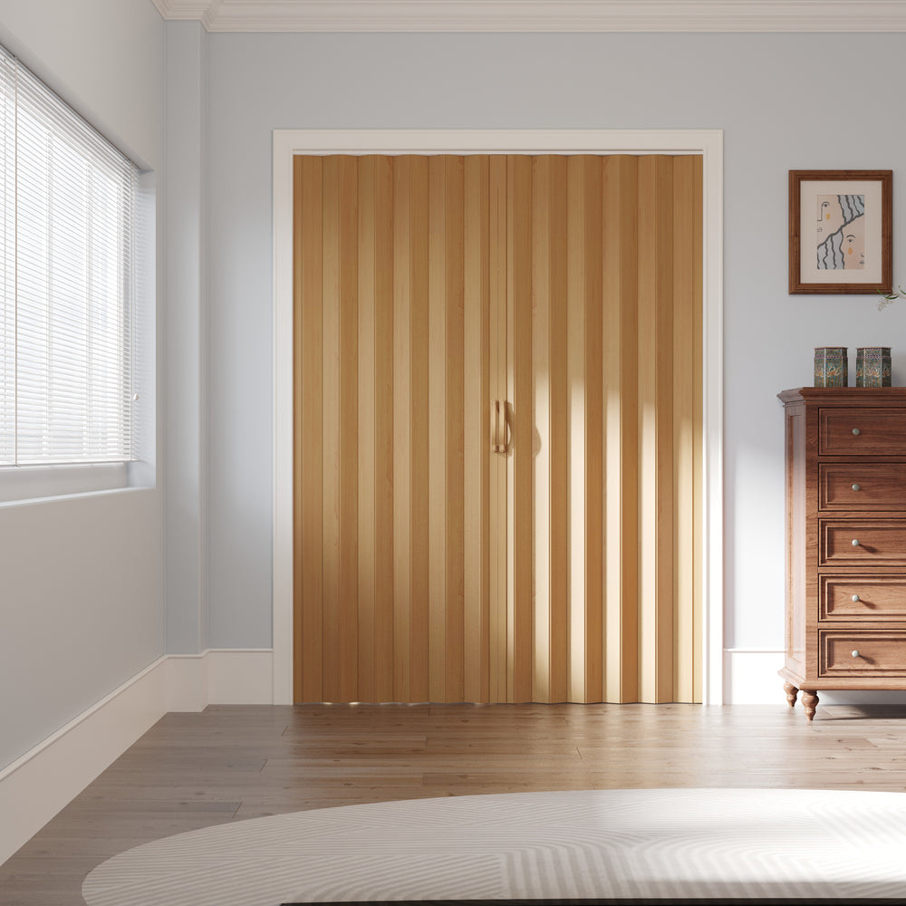 Dual Layer Accordion Door with Handles & Magnetic Lock, Oak Vinyl
