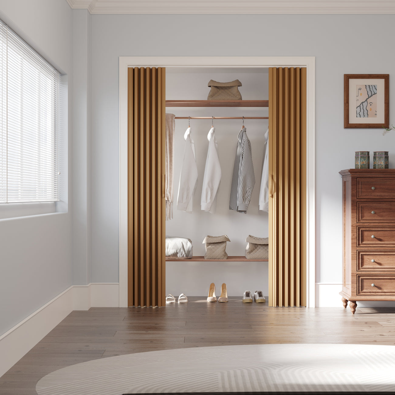 Dual Layer Accordion Door with Handles & Magnetic Lock, Oak Vinyl