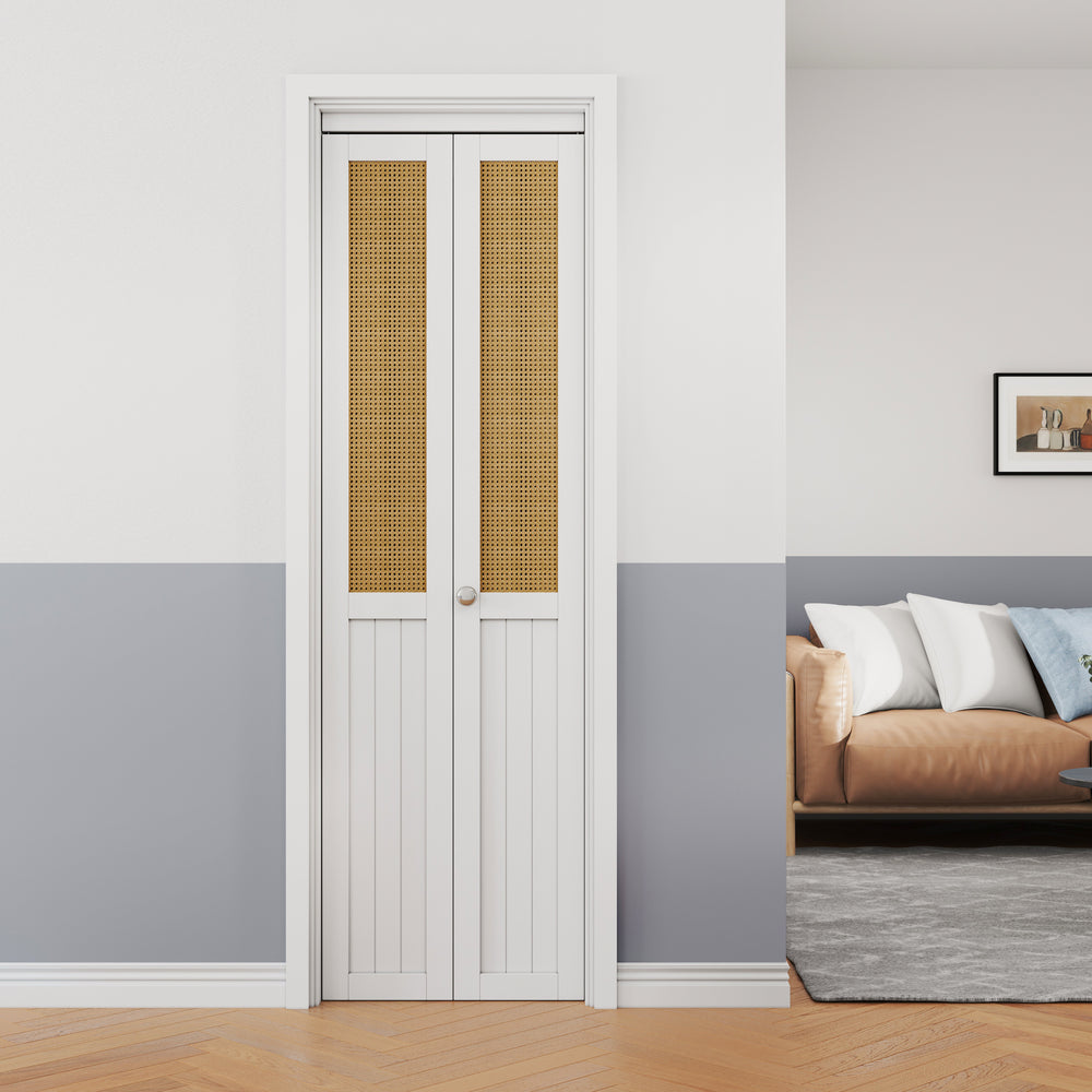 Woven Rattan Bifold Door with Hardware Kit, Solid Wood, White | Ark Design