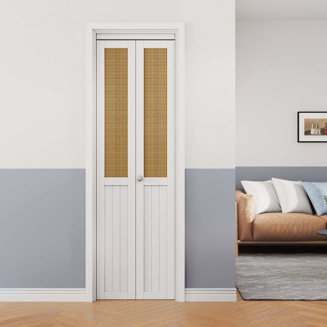 Woven Rattan Bifold Door with Hardware Kit, Solid Wood, White | Ark Design