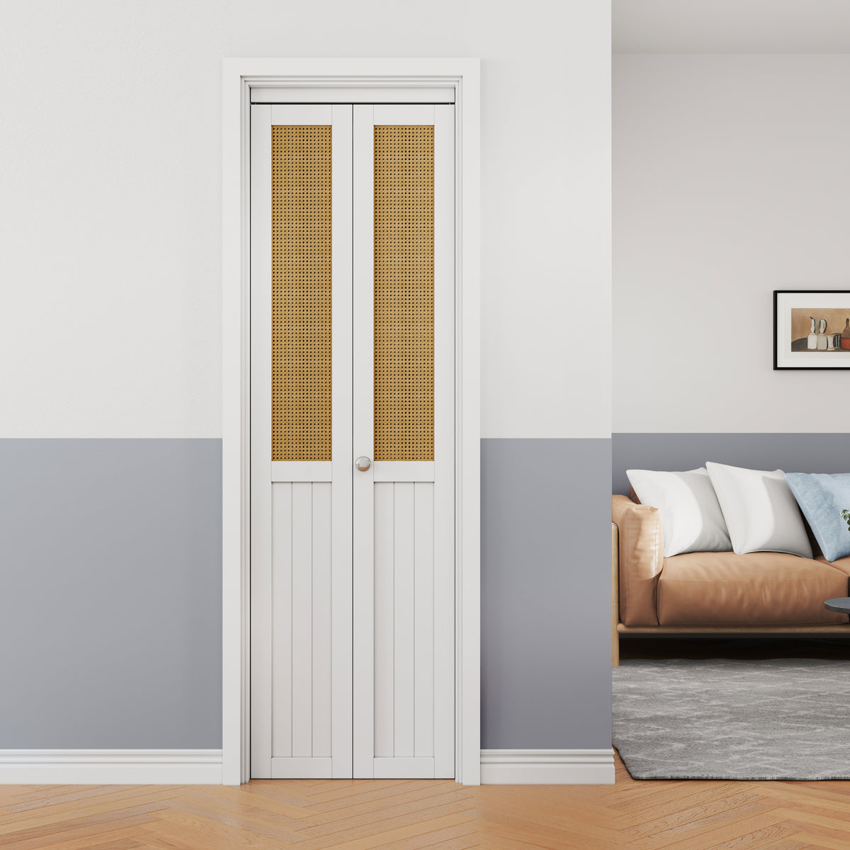 Woven Rattan Bifold Door with Hardware Kit, Solid Wood, White | Ark Design