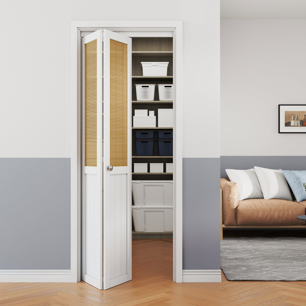 Woven Rattan Bifold Door with Hardware Kit, Solid Wood, White | Ark Design