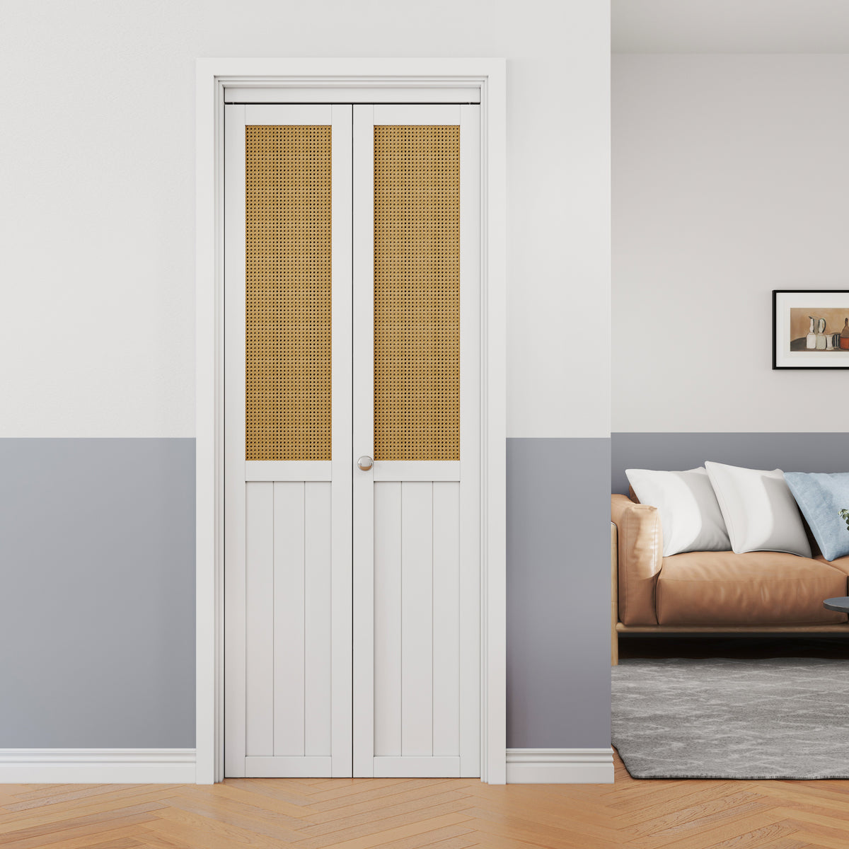 Woven Rattan Bifold Door with Hardware Kit, Solid Wood, White | Ark Design