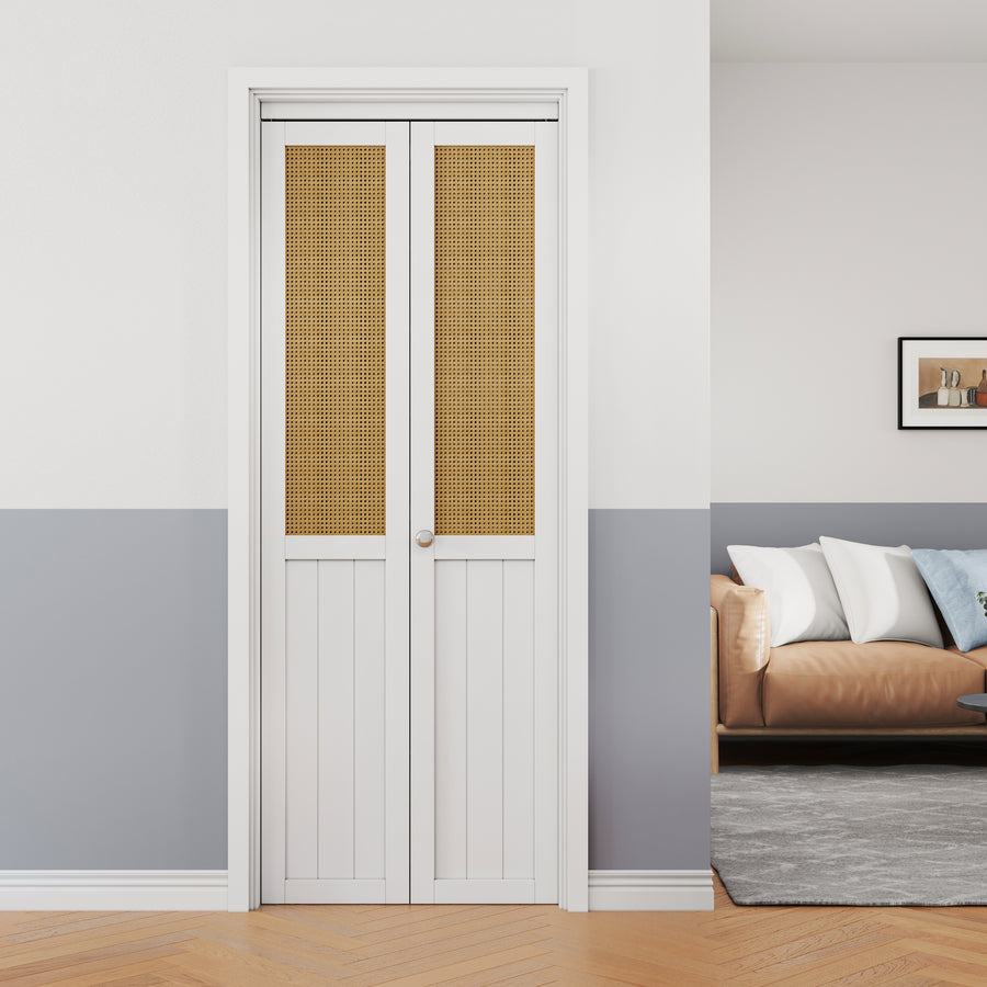 Woven Rattan Bifold Door with Hardware Kit, Solid Wood, White | Ark Design