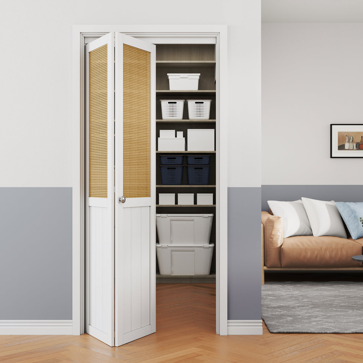 Woven Rattan Bifold Door with Hardware Kit, Solid Wood, White | Ark Design