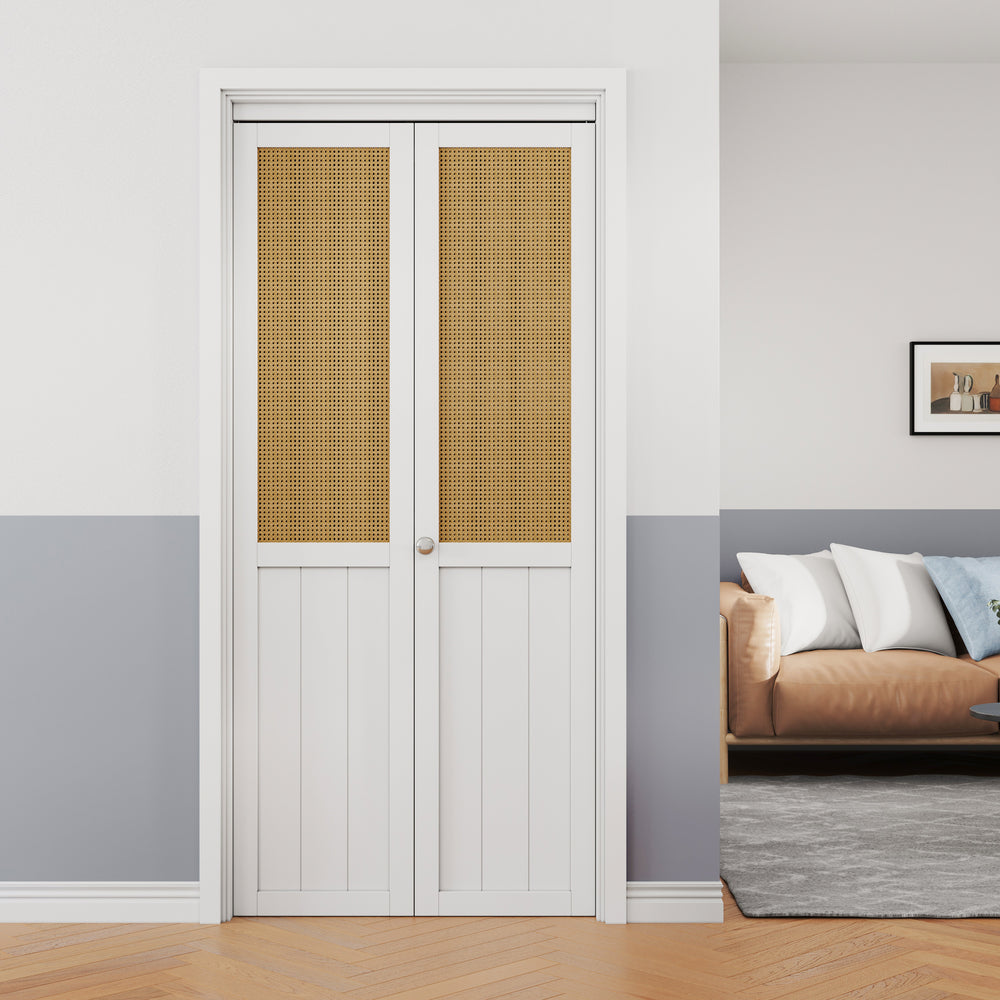 Woven Rattan Bifold Door with Hardware Kit, Solid Wood, White | Ark Design