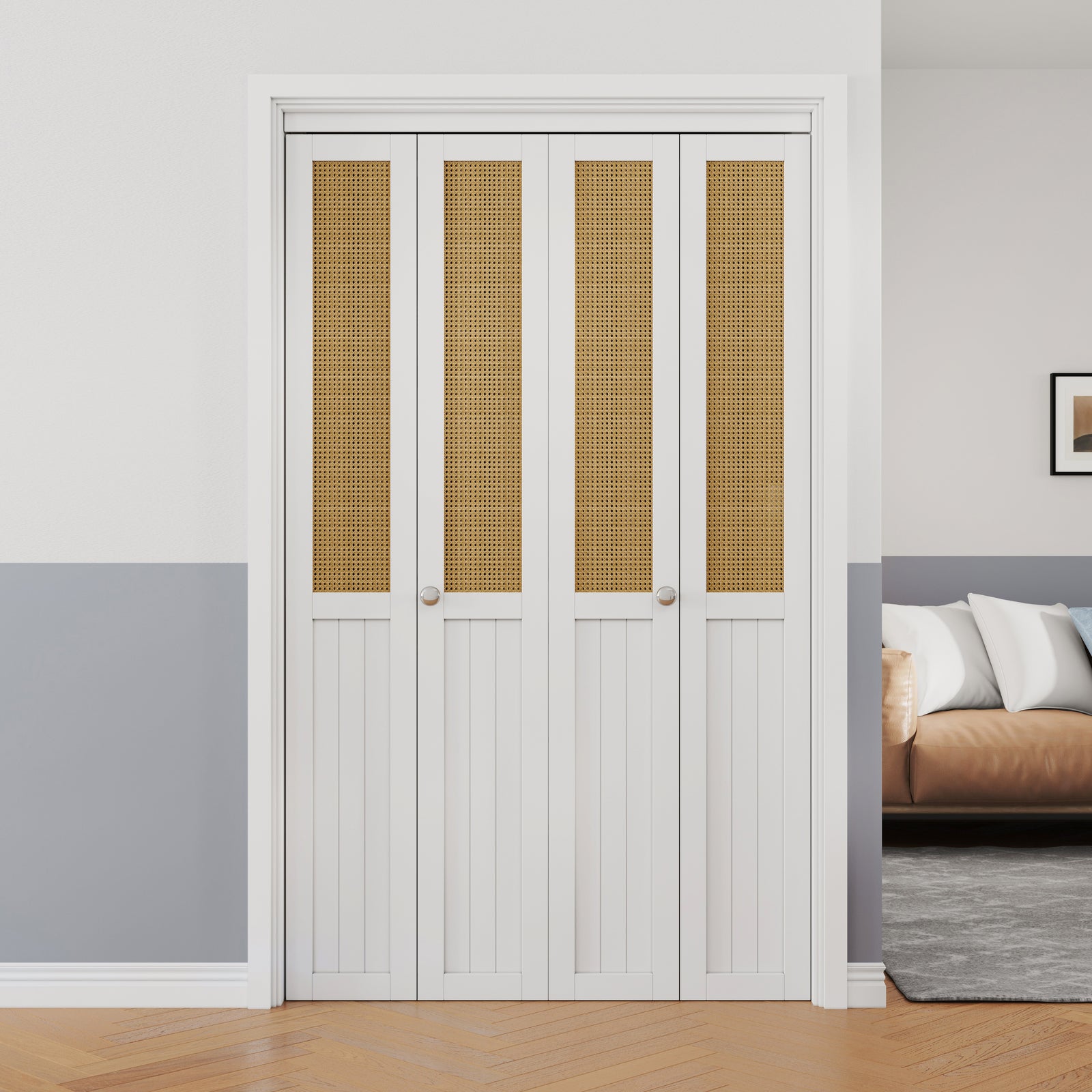 Woven Rattan Bifold Door with Hardware Kit, Solid Wood, White | Ark Design