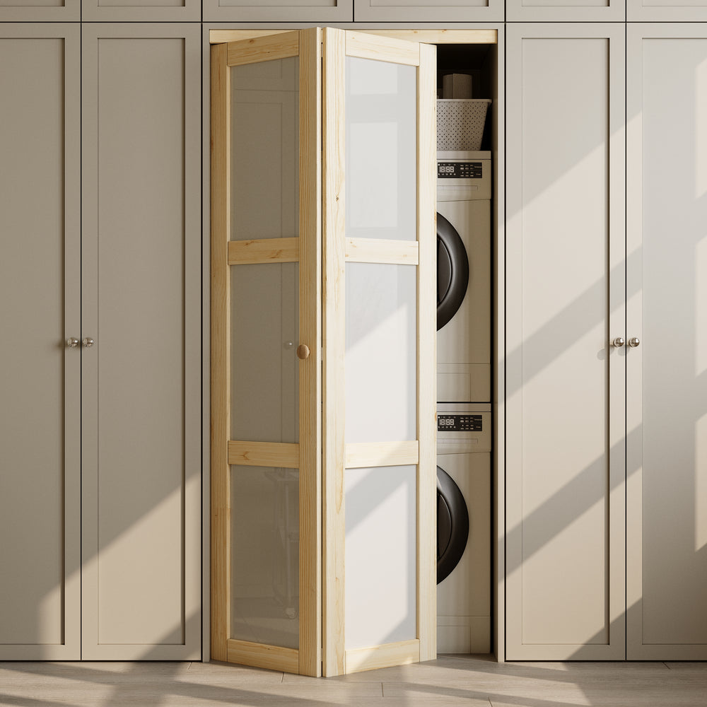 3-Lite Glass Solid Core Unfinished Pine Wood Interior Closet Bi-Fold Door with Hardware| Ark Design