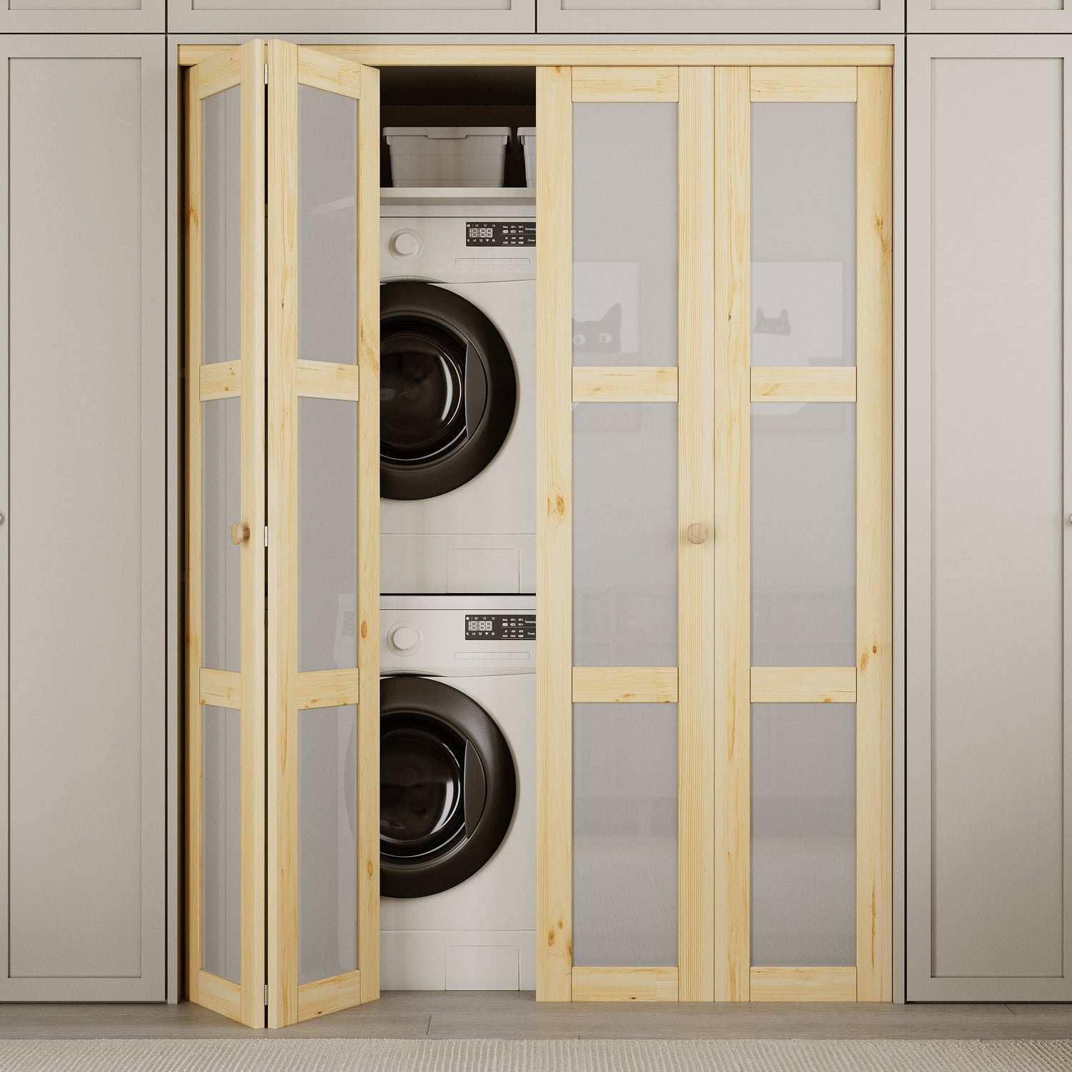 3-Lite Glass Solid Core Unfinished Pine Wood Interior Closet Bi-Fold Door with Hardware| Ark Design