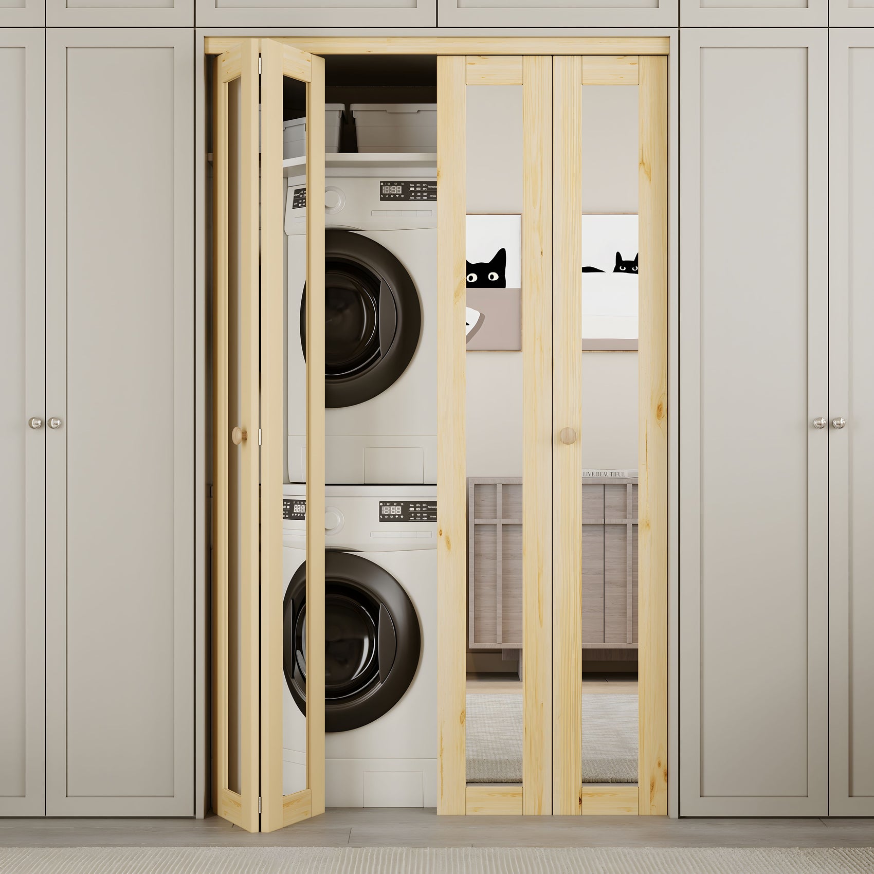 1-Lite Mirror Solid Core Unfinished Pine Wood Interior Closet Bi-Fold ...