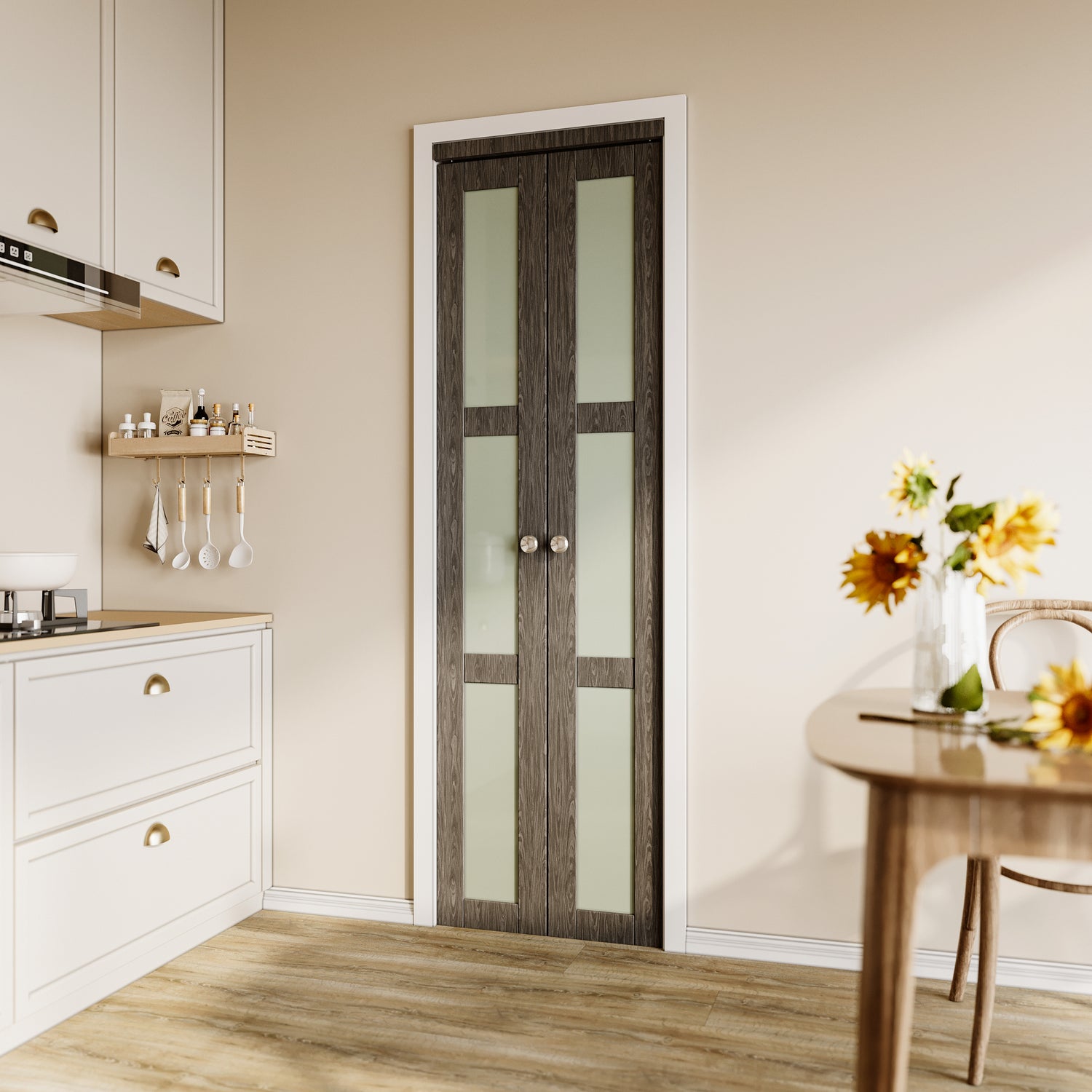 3-Lite Frosted Glass French Pivot Door with Hardware Kit, White | Ark ...