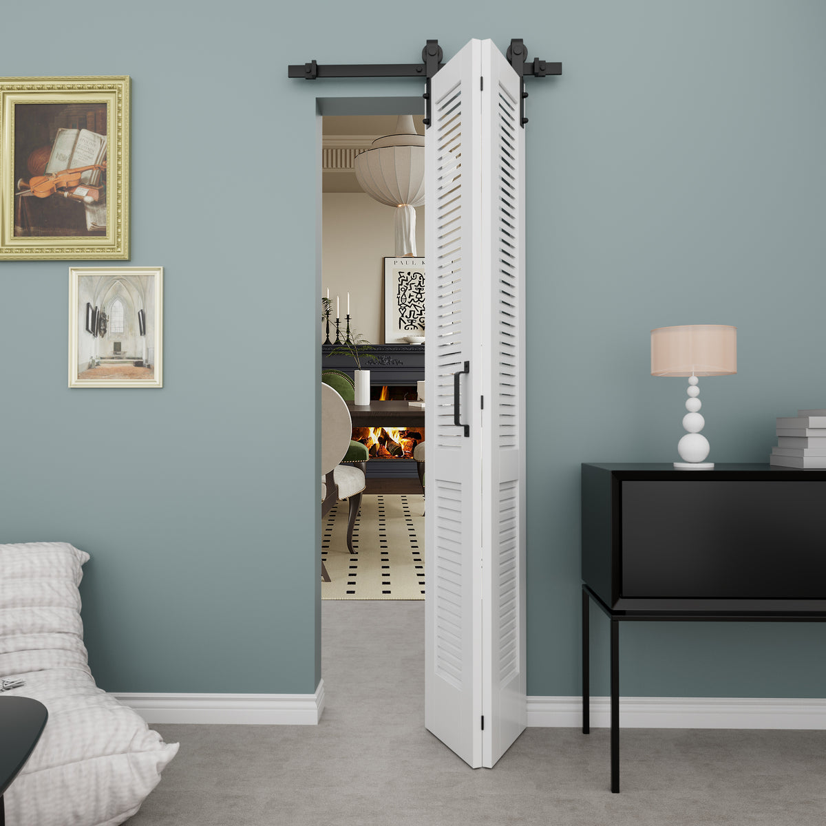 Louvered Closet Bifold Barn Door with Hardware Kit & Handle, White ...