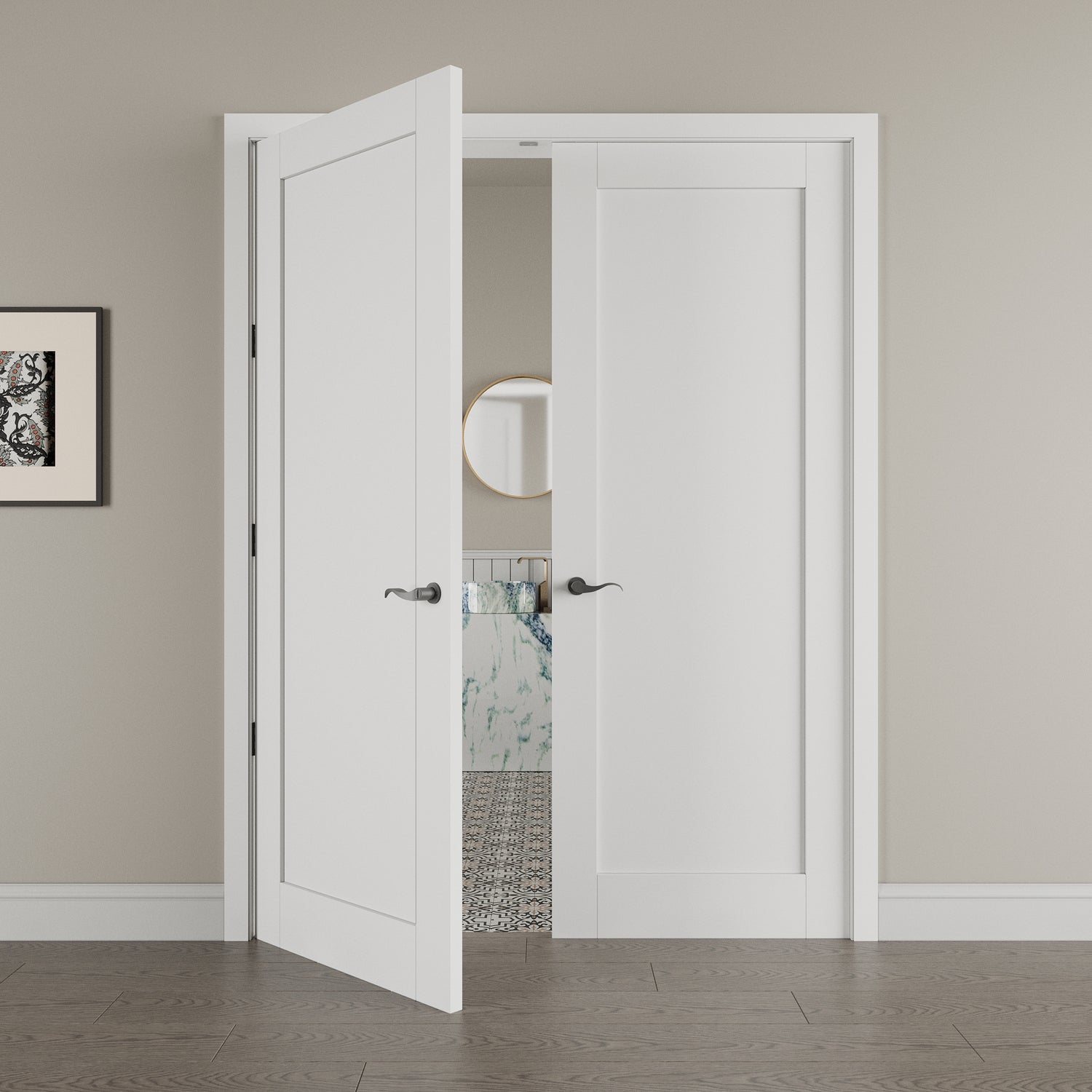 1-Lite Panel French Door with Hardware Kit, Solid Core MDF Wood, White ...