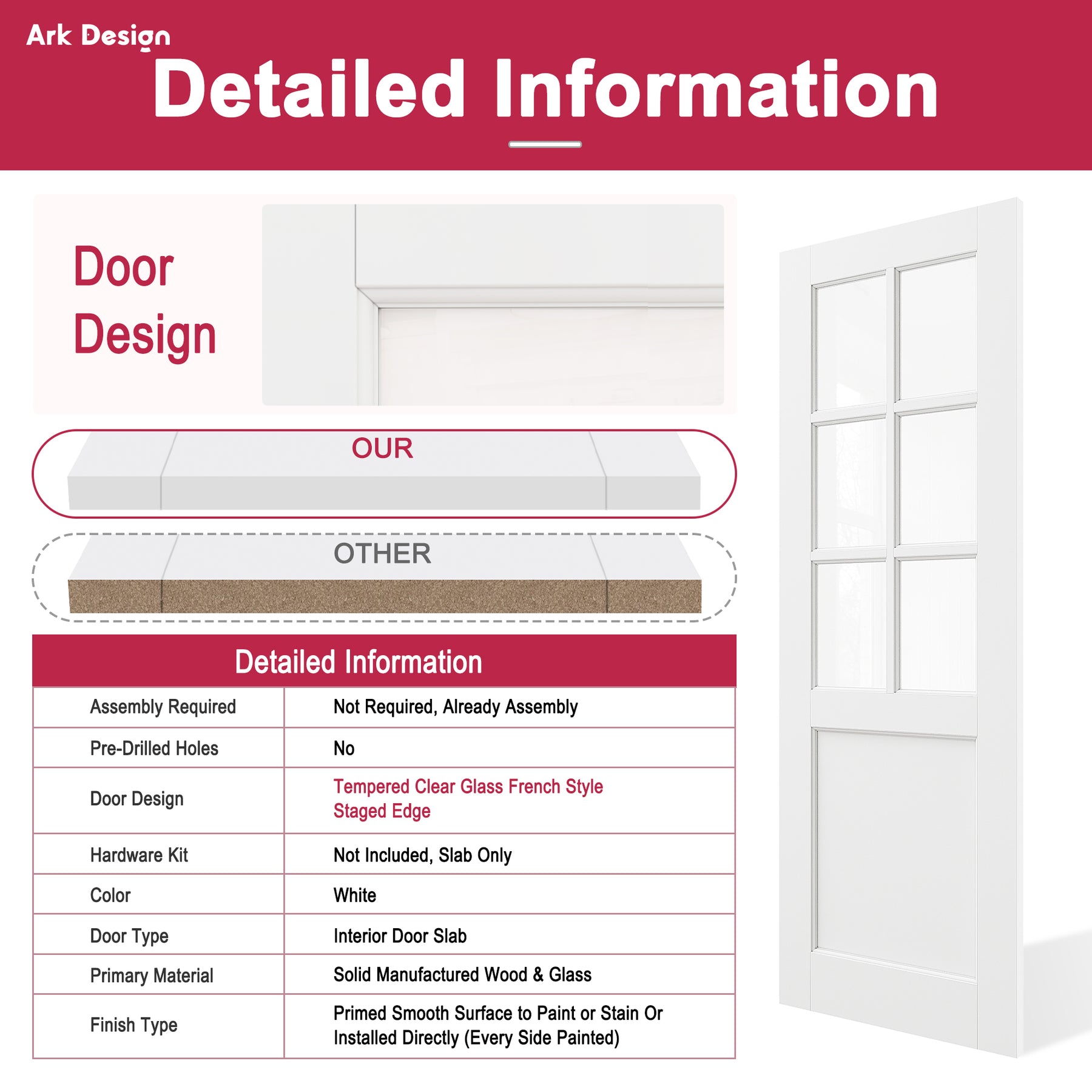 Ark Design 6-Lite Clear Glass Door Slab with/without Prehung Kit, Whit