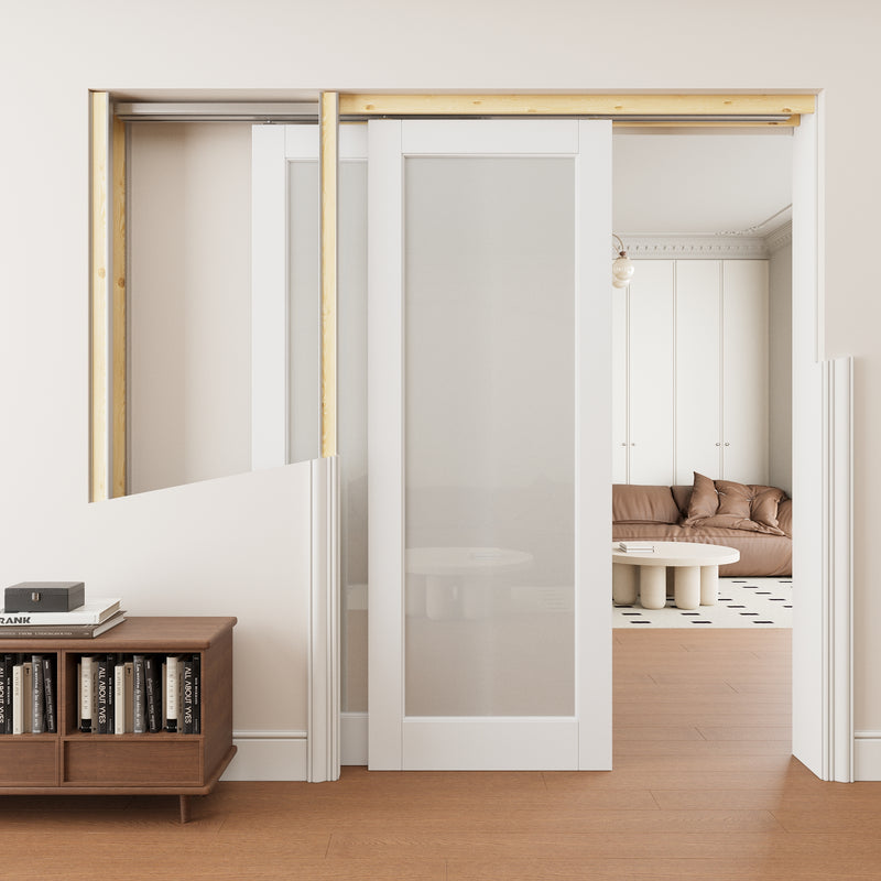 Ark Design 1 lite Frosted Glass Double Bypass Pocket Door with Hardwar